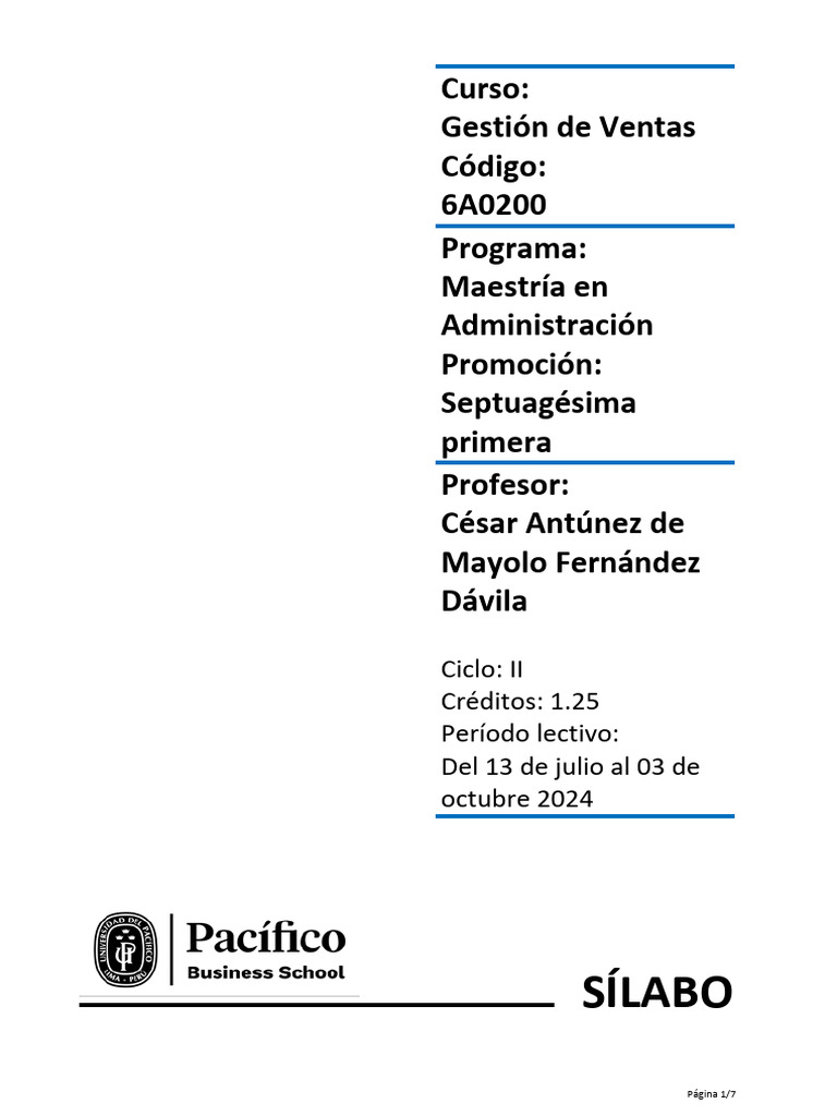 Silabo Gestión de ventas-GV71 | PDF | Evaluación | Toma de decisiones