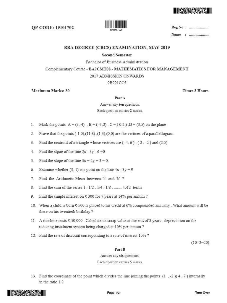 Mathematics for Management Exam 2019 | PDF | Line (Geometry ...