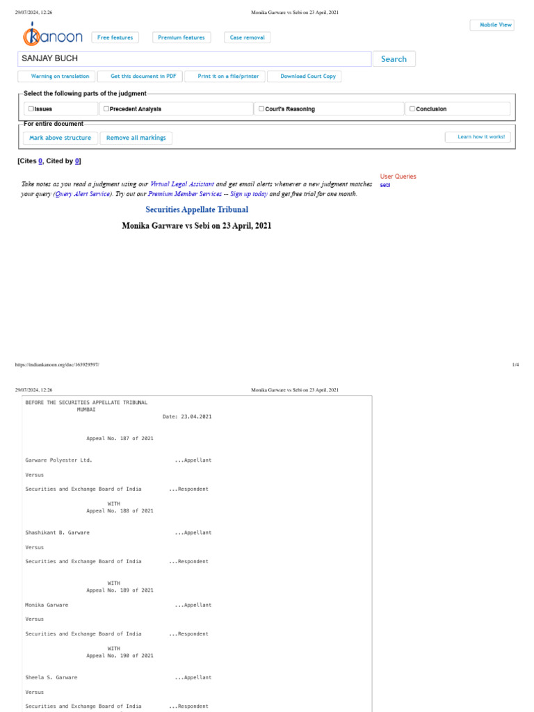 Monika Garware Vs Sebi On 23 April, 2021 | PDF | Judgment (Law) | Appeal