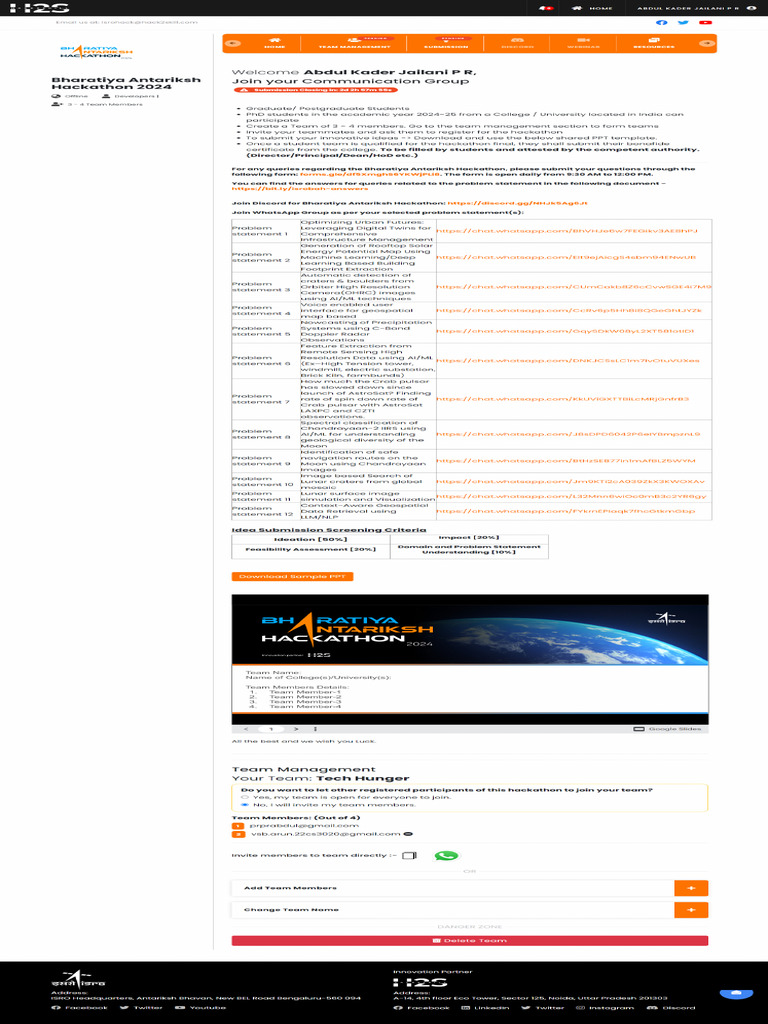 Bharatiya Antariksh Hackathon 2024 Team Dashboard Hack2skill | PDF