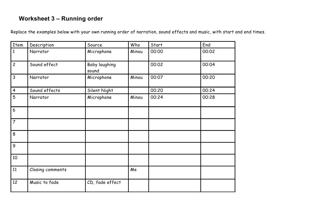 Running Order Worksheet Template | PDF