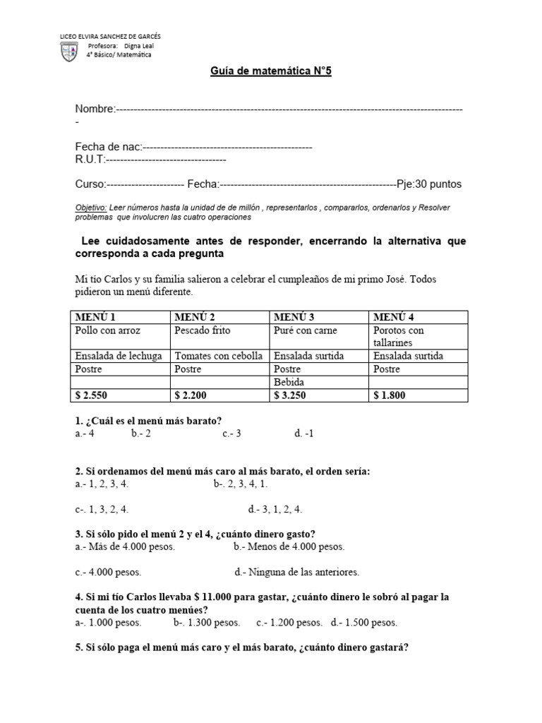 Guía de Matemática 4° Básico: Números y Operaciones | PDF