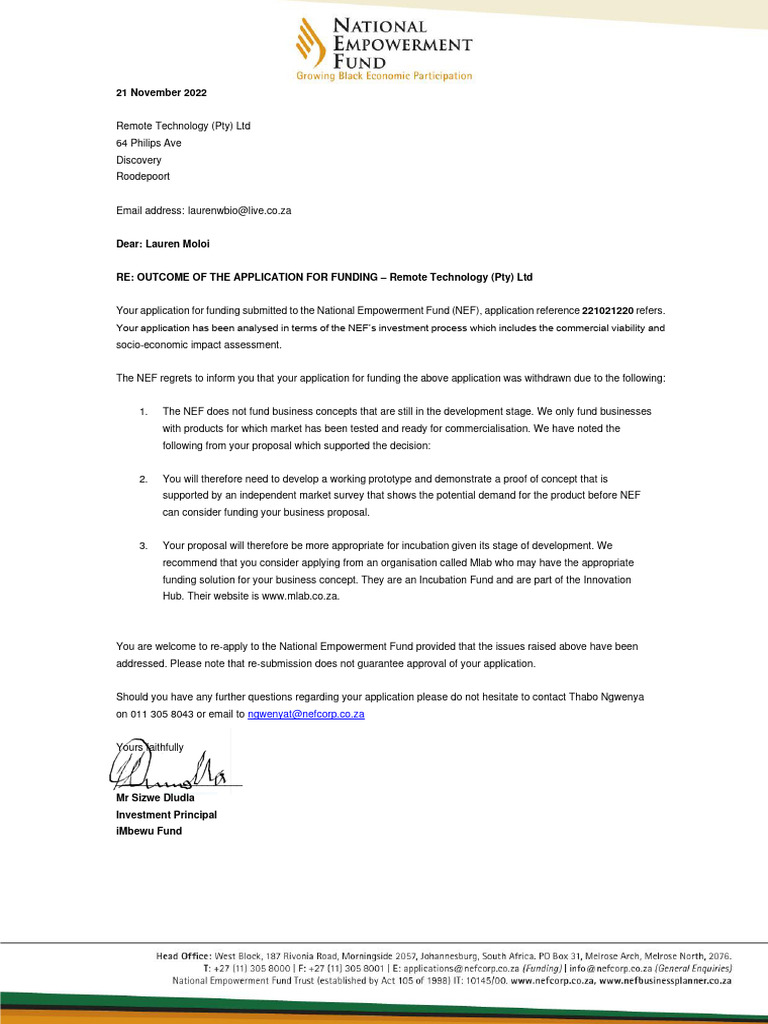 Outcome Letter - REMOTE TECHNOLOGY | PDF | Business