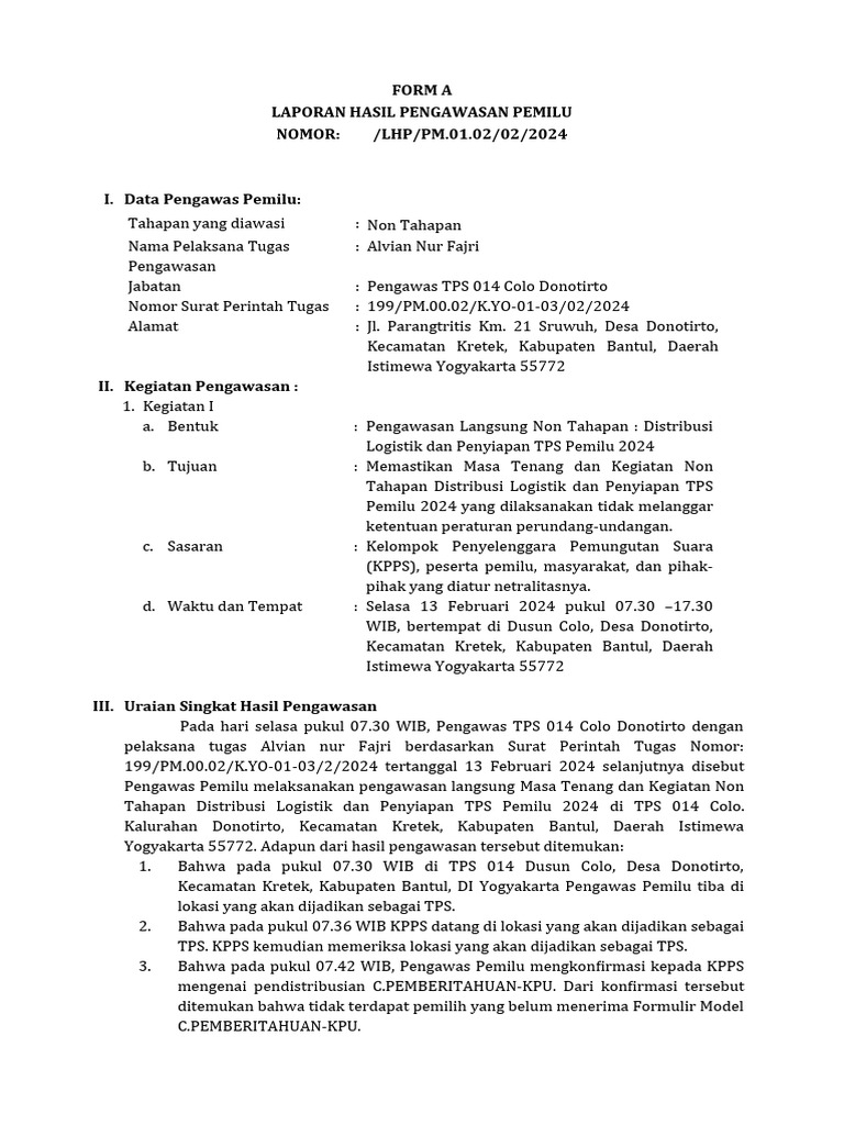 Form A Pengawasan Distribusi Logistik Dan Penyiapan TPS | PDF