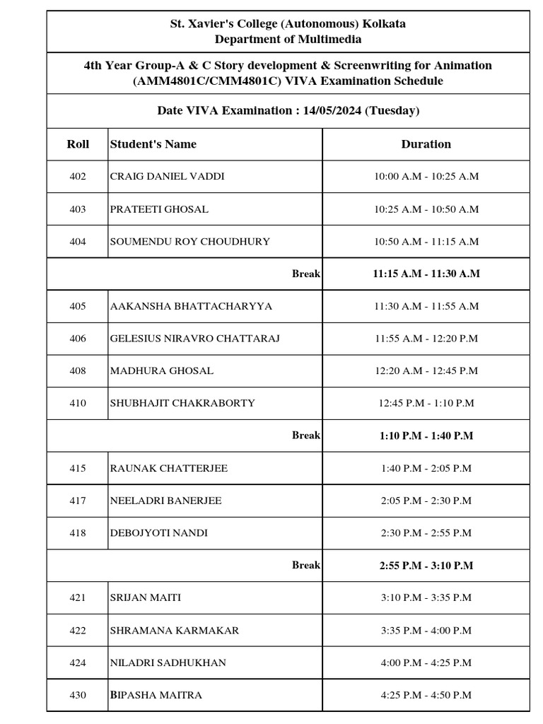4th-A C Year Story Development & Screenwriting VIVA Schedule | PDF