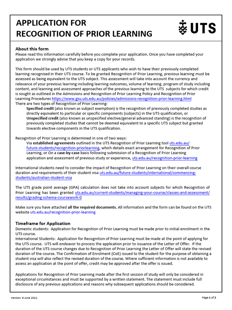 UTS Recognition of Prior Learning Application | PDF | Learning