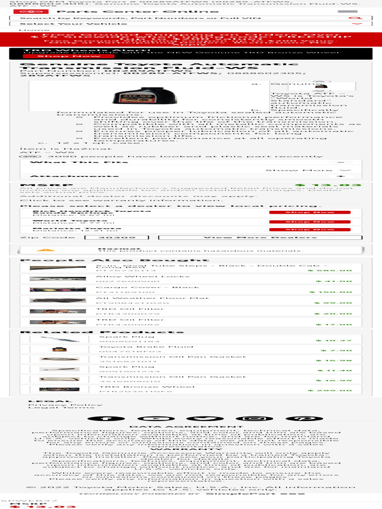 00289ATFWS - Genuine Toyota Automatic Transmission Fluid-WS. ATF - WS ...