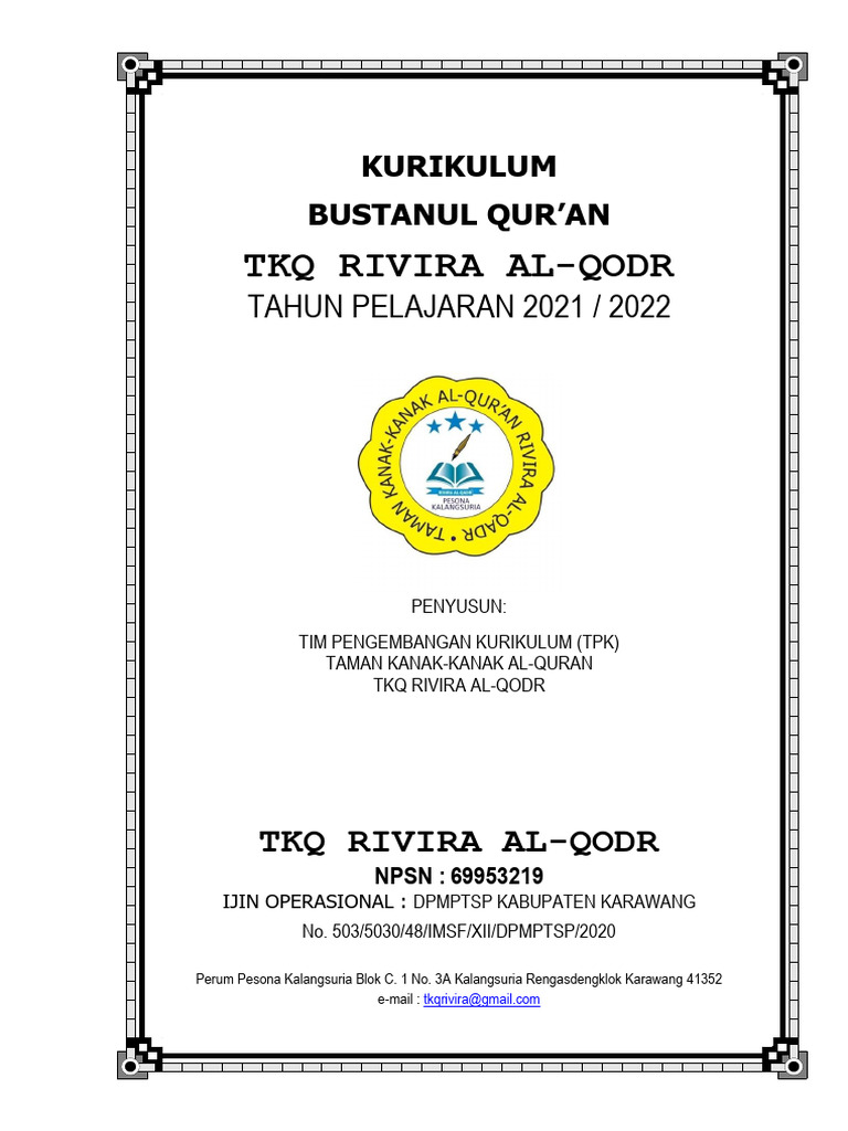 Kurikulum Bustanul Qur - An TKQ Rivira Al-Qodr | PDF