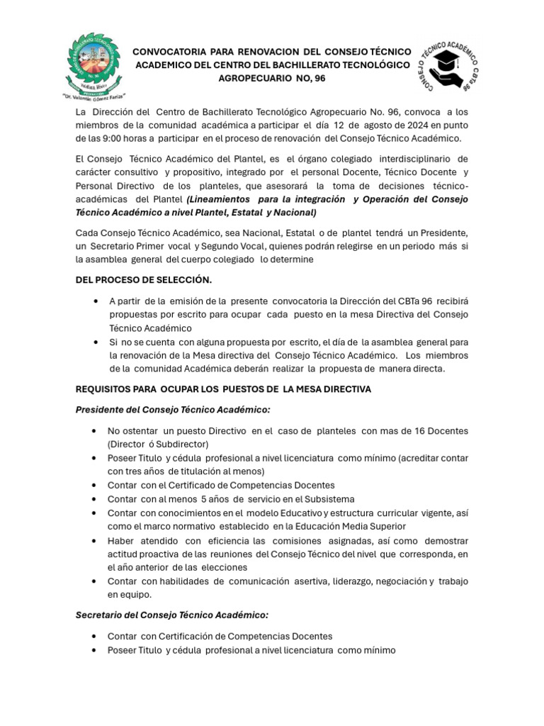 Convocatoria para Renovacion Del Consejo Técnico Academico Del Cbta 96 ...