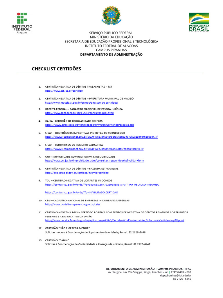 CHECKLIST CERTIDÕES DADM-CPir 2020 | PDF