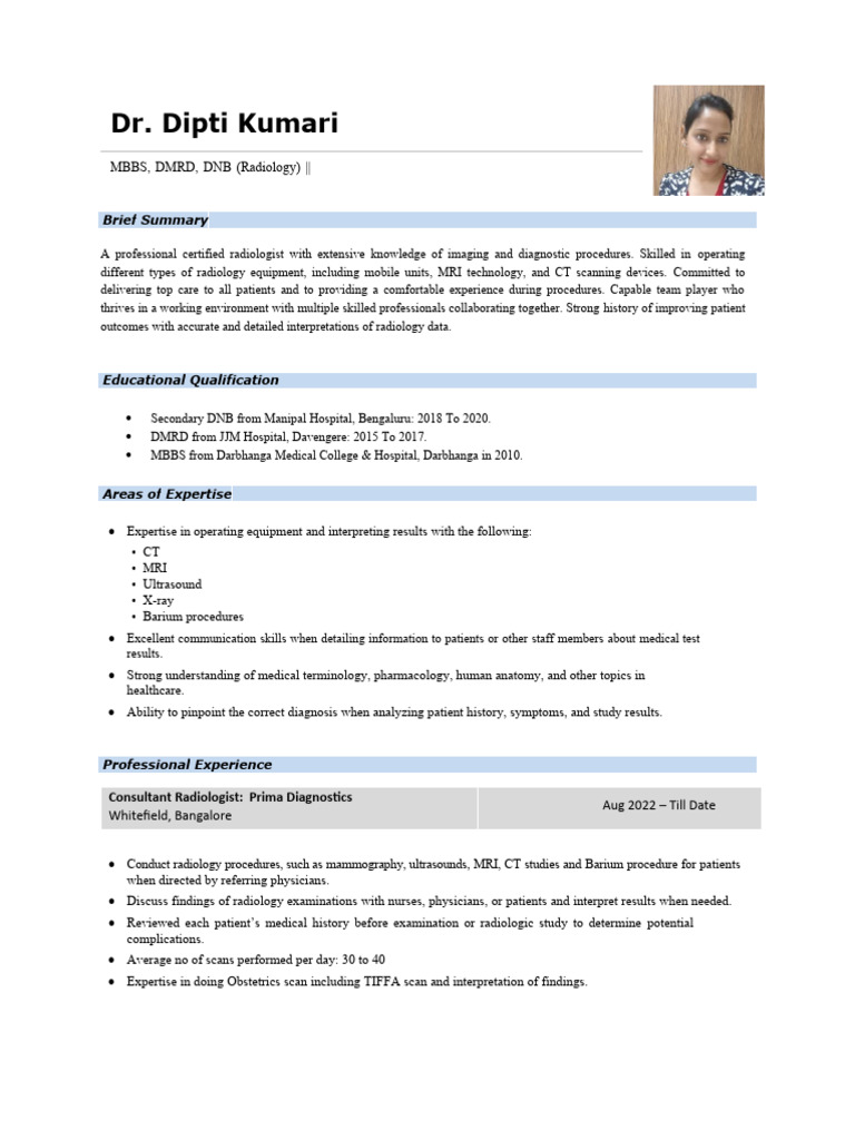 1-Dr. Dipti Kumari - Resume | PDF | Radiology | Ct Scan