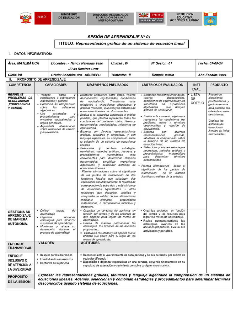 Sesion de Aprendizaje 02-U4-3°mat-Sistema de Ecuaciones 2 | PDF | Ecuaciones | Aprendizaje