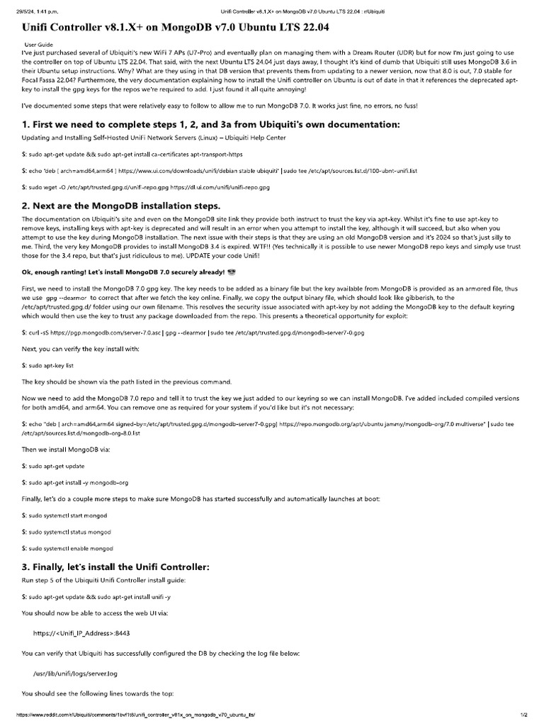 Unifi Controller v8.1.X+ On MongoDB v7.0 Ubuntu LTS 22.04 - R - Ubiquiti | PDF | Cooking, Food ...