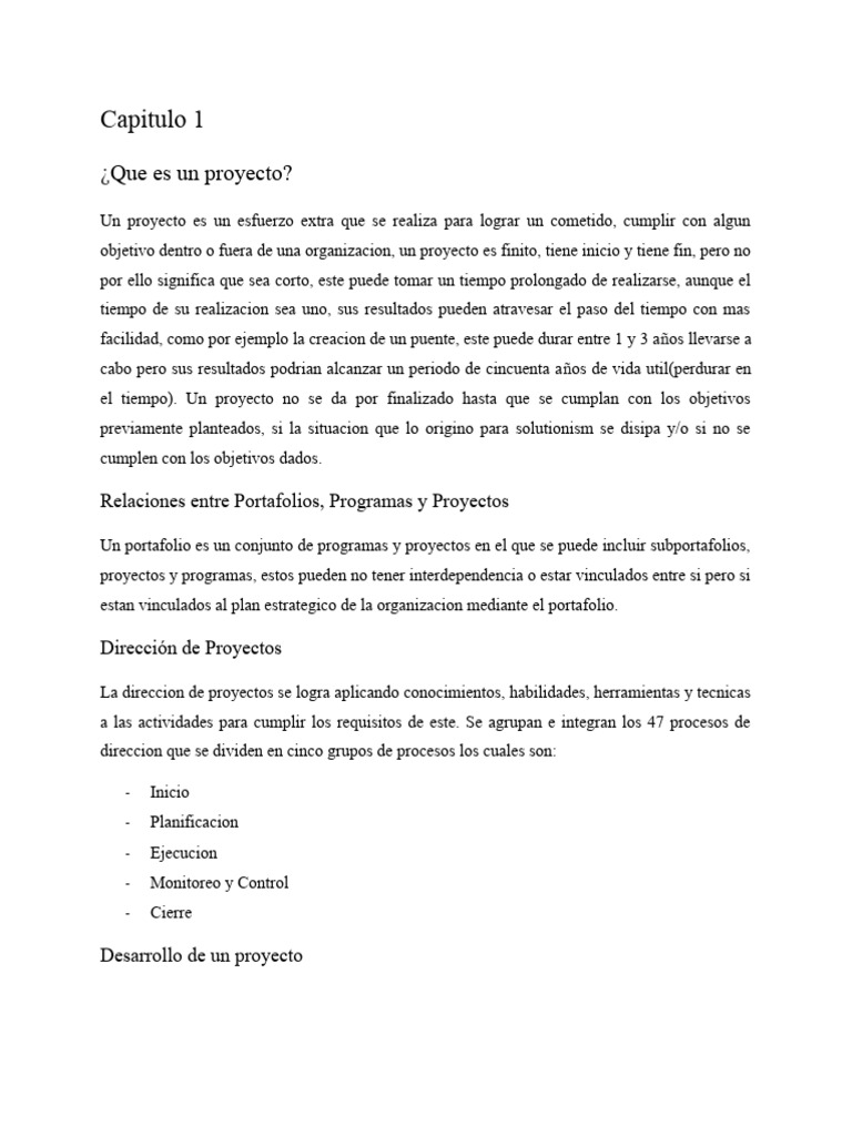 Reporte Capitulo 1, 2 y 3 PMBOOK | PDF | Planificación | Gestión de proyectos