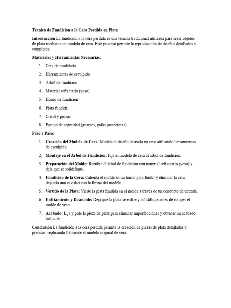Técnica de Fundición A La Cera Perdida en Plata | PDF