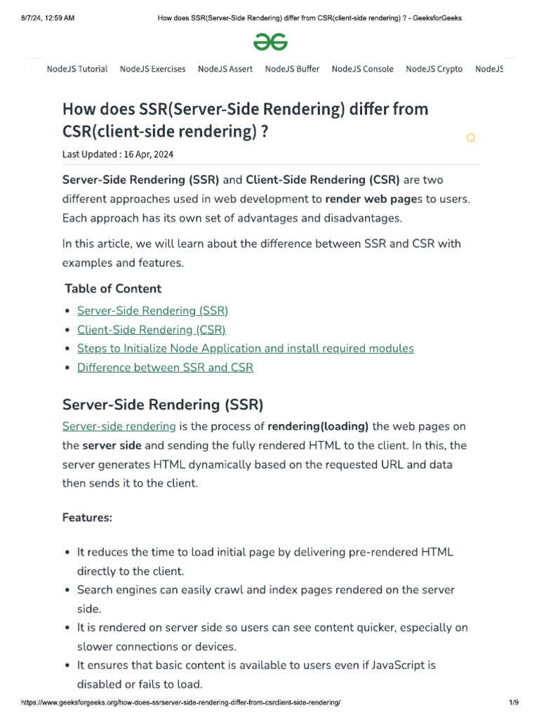 SSR Vs CSR in Web by GFG | PDF