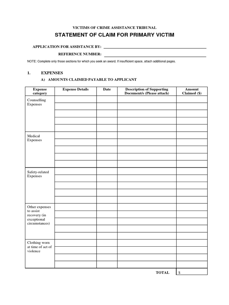 Victims of Crime Assistance Tribunal (VOCAT) - Statement of Claim ...