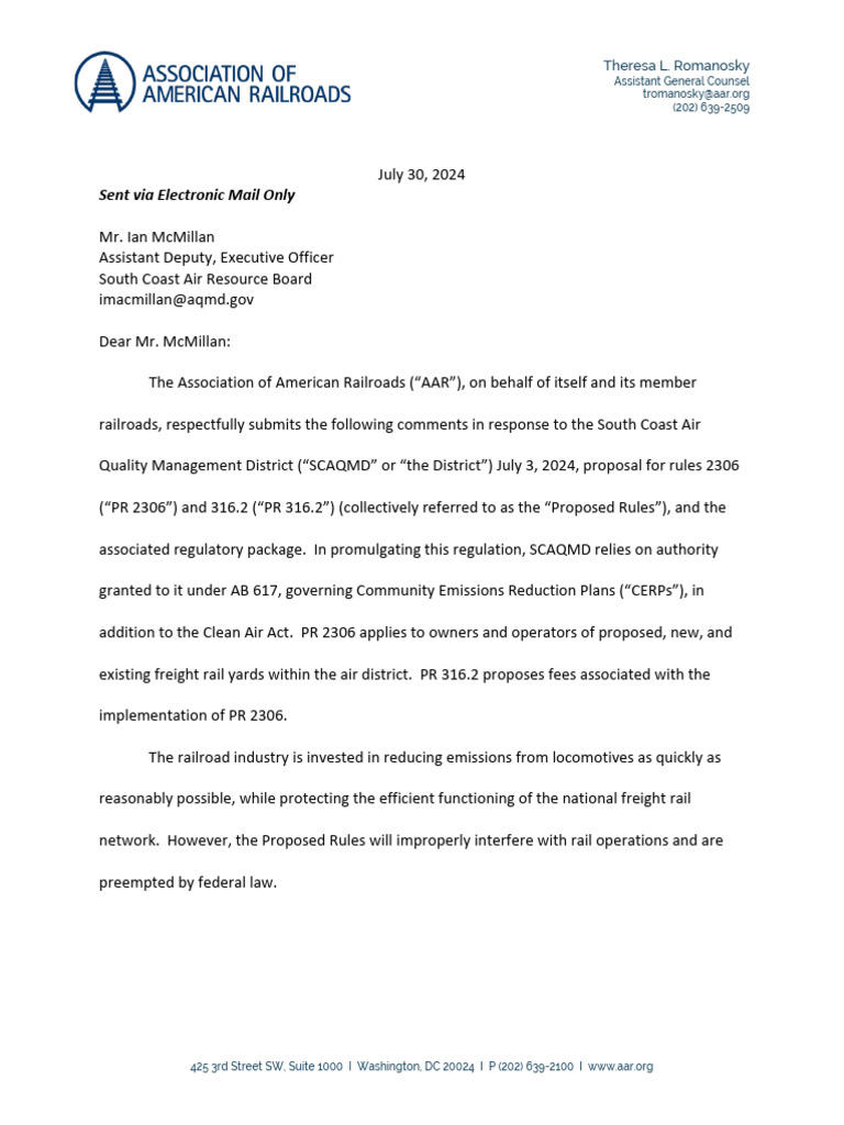 Association of American Railroads' Letter | PDF | Federal Preemption ...