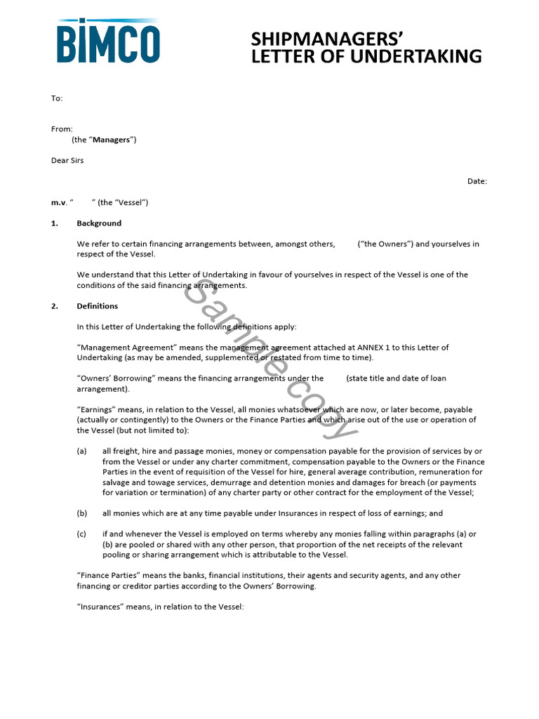 Vessel Management Undertaking Letter | PDF | Insurance | Indemnity