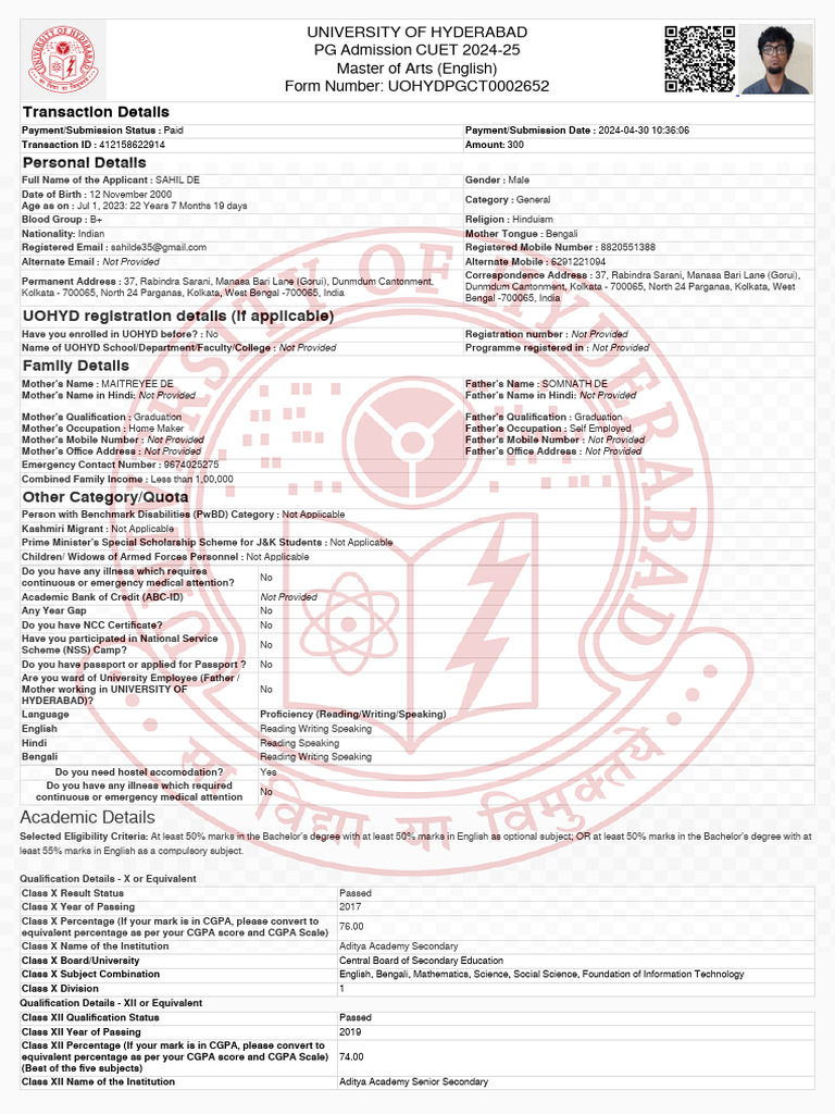 HCU Application Form 2024 | PDF | Academic Degree