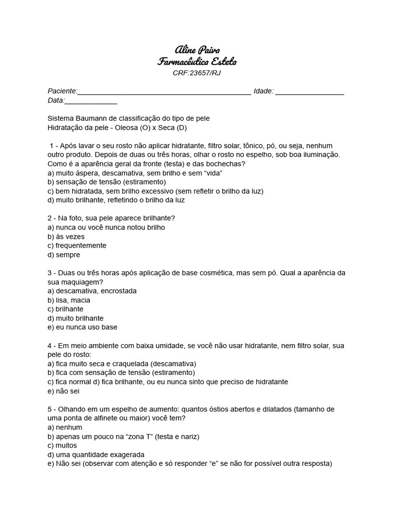 Sistema Baumann de Classificação Do Tipo de Pele | PDF | Dermatite | Pele