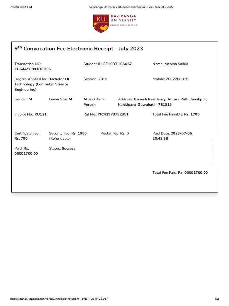 Kaziranga University Student Convocation Fee Receipt - 2022 | PDF