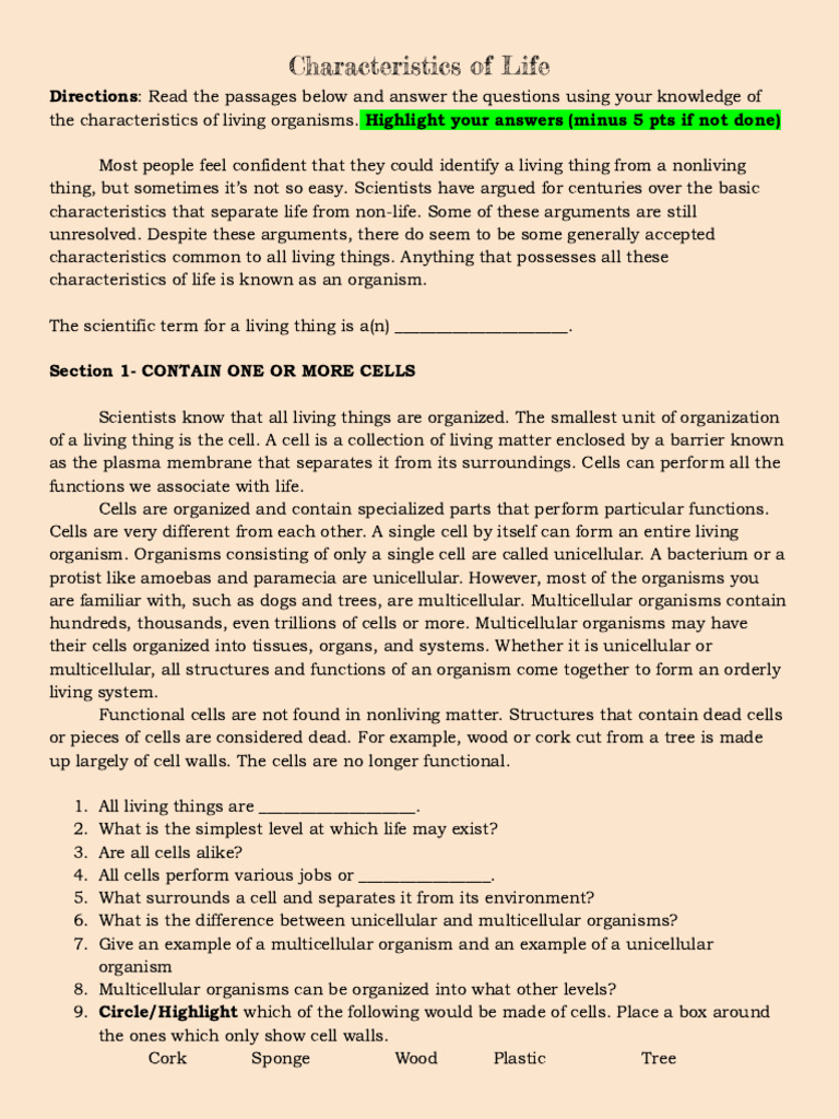 Key Characteristics of Living Organisms | PDF | Reproduction | Sexual ...