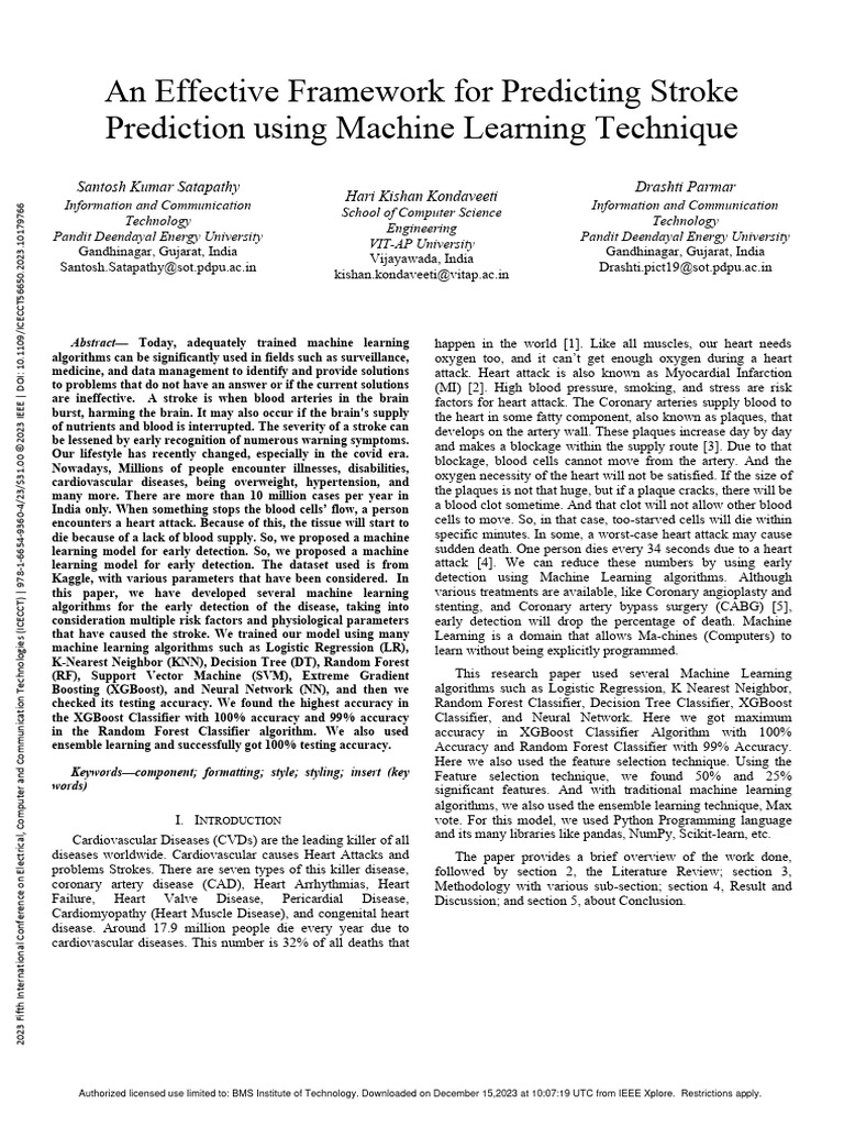 An Effective Framework For Predicting Stroke Prediction Using Machine Learning Technique | PDF ...