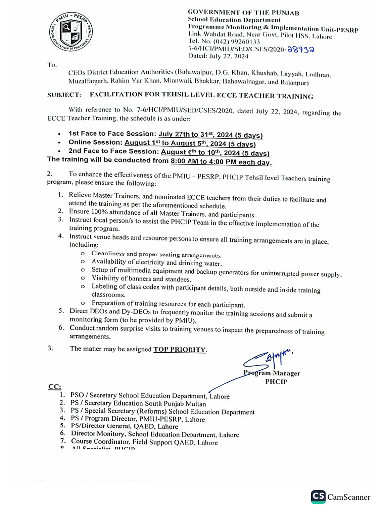 CEO Letter For ECCE Teacher Training | PDF