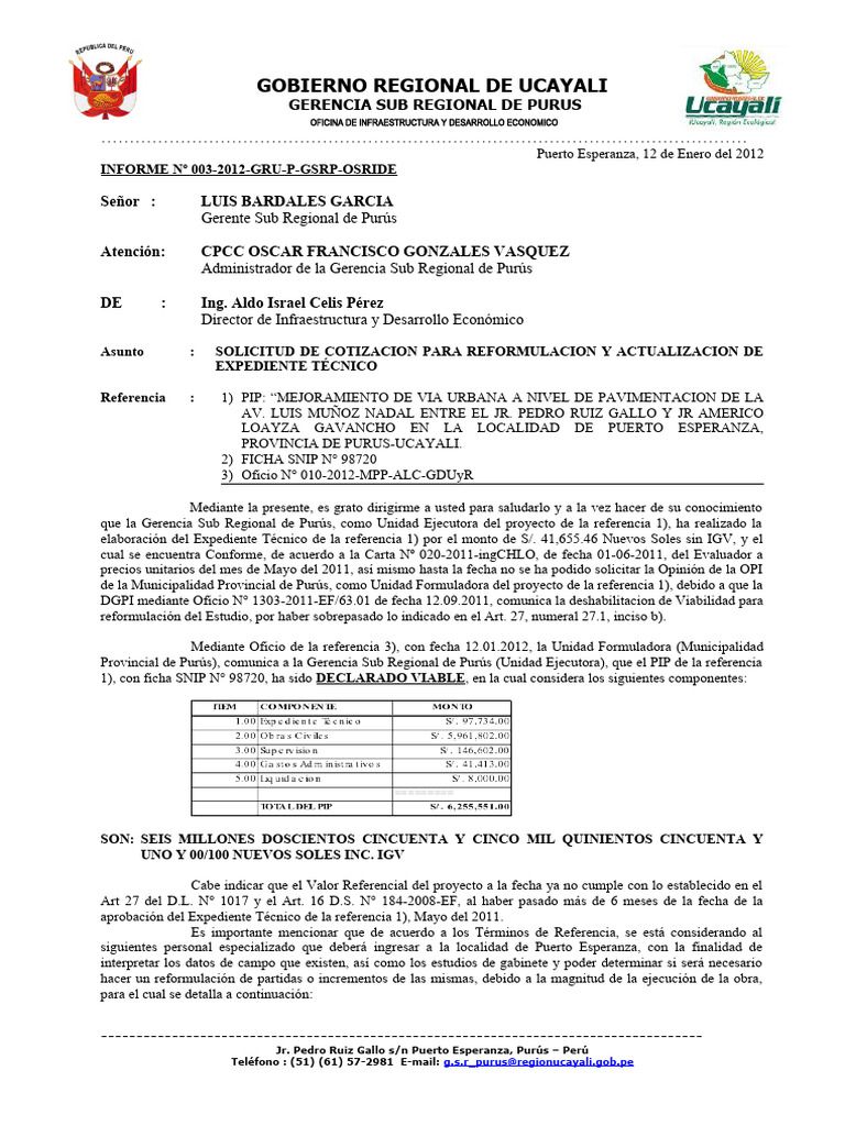 Reformulación de Expediente Técnico en Purús | PDF | Presupuesto ...