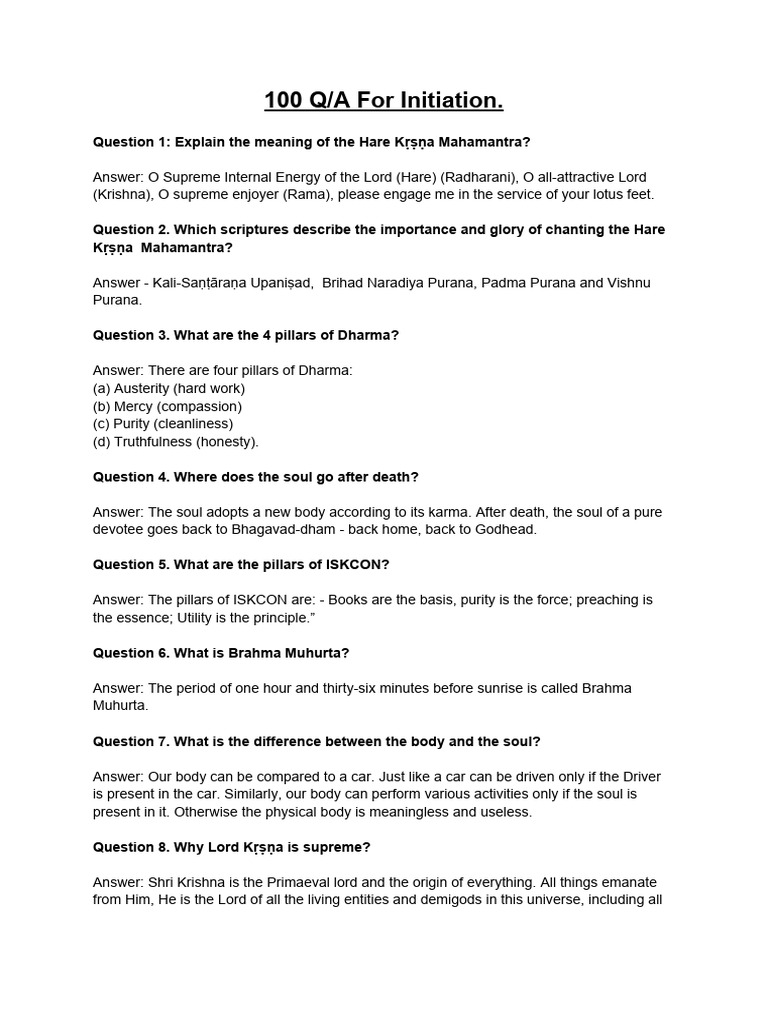 100 Questions For ISKCON Initiation - English | PDF | Bhagavata Purana ...