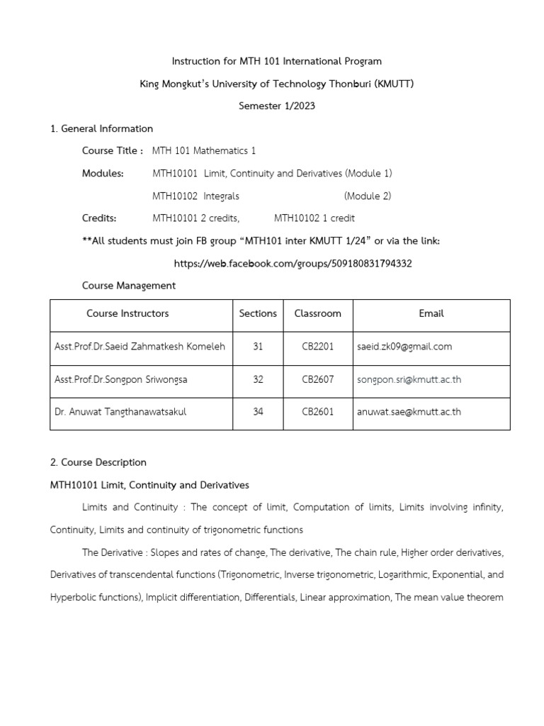 MTH 101 Course Guide for Students | PDF | Integral | Function (Mathematics)