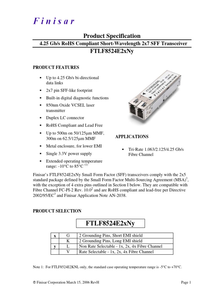 4.25 Gb/s RoHS SFF Transceiver Specs | PDF | Fiber Optic Communication ...