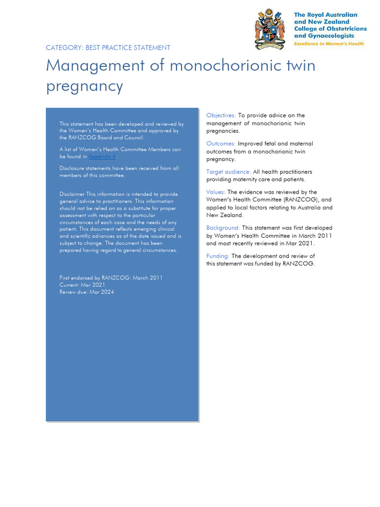 Management of Monochorionic Twin Pregnancy | PDF | Twin | Pregnancy