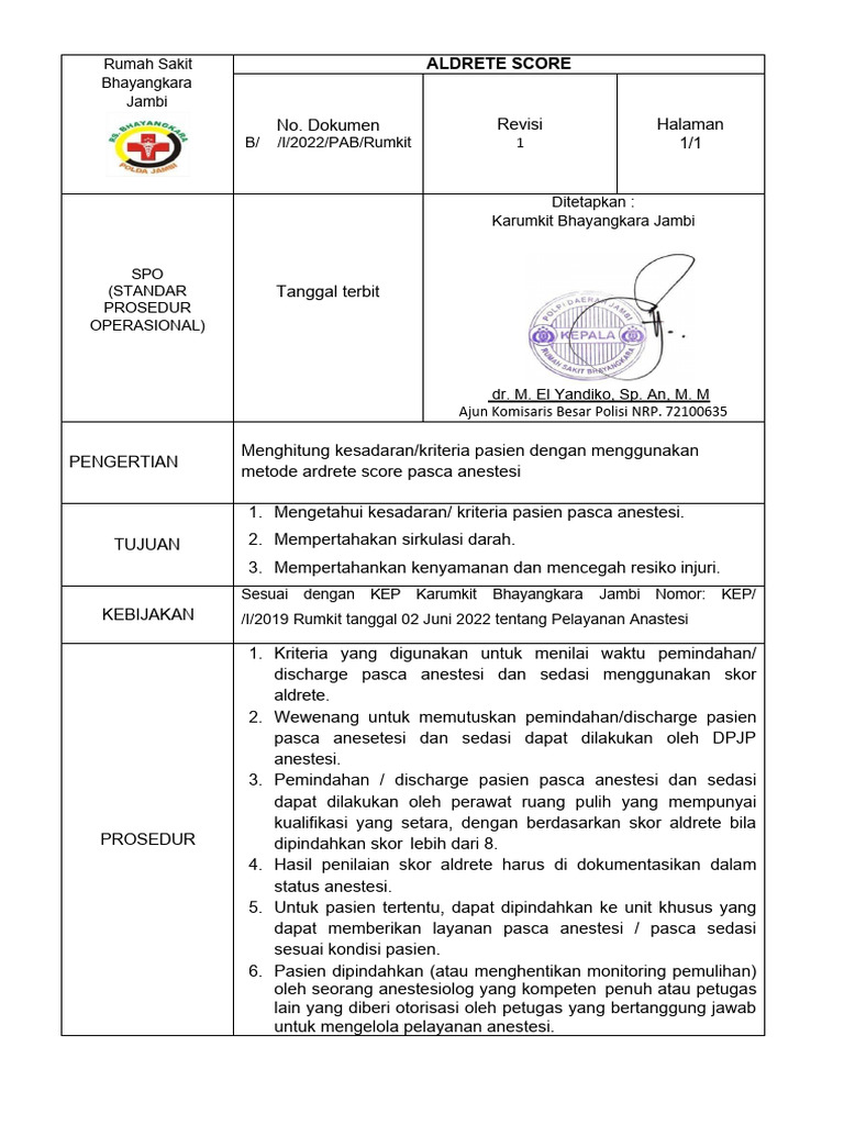 Prosedur Penilaian Skor Aldrete Pasca Anestesi | PDF