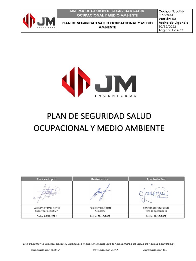 Plan de Seguridad, Salud Ocupacional y Medio Ambiente | PDF | Seguridad y salud ocupacional ...
