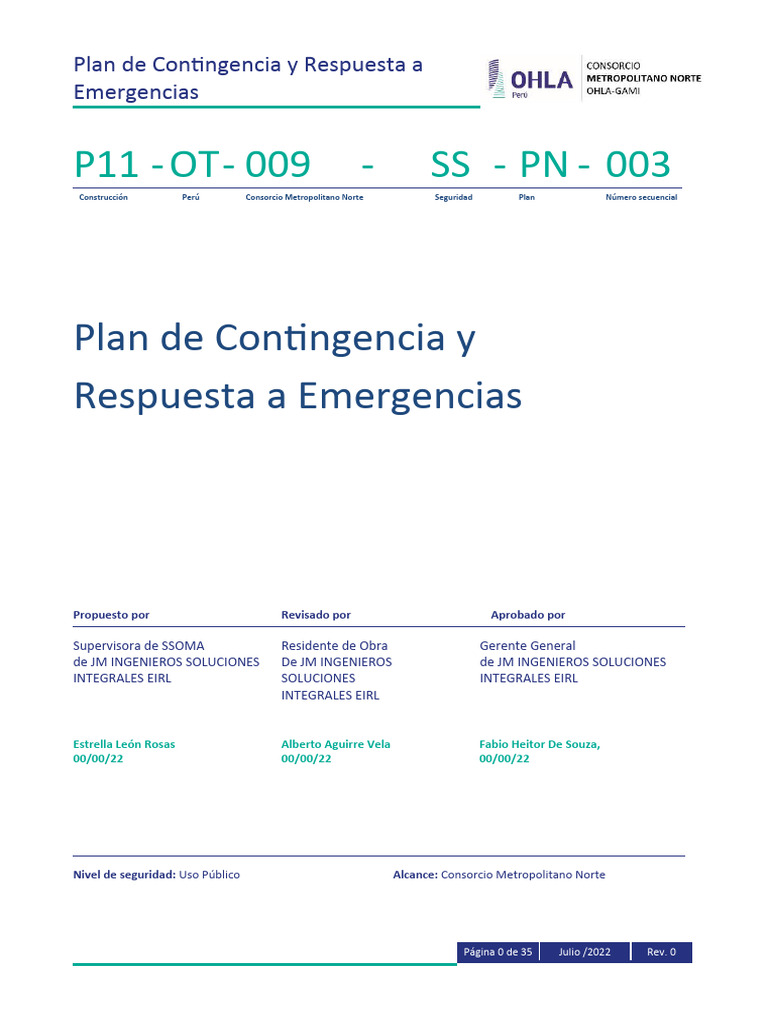 P11-OT-009-SS-PN-003 Plan Contingencias y Respuesta A Emergencias Rev04 | PDF | Entorno natural ...