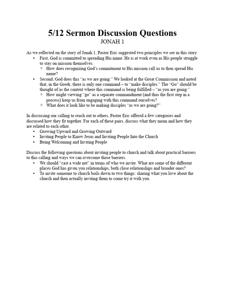 Jonah Sermon Discussion Questions | PDF | Jonah | Jesus
