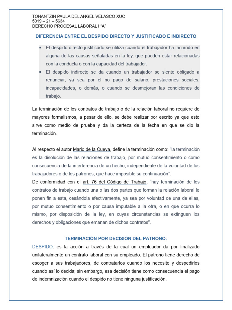 Diferencia Entre El Despido Directo y Justificado e Indirecto | PDF ...