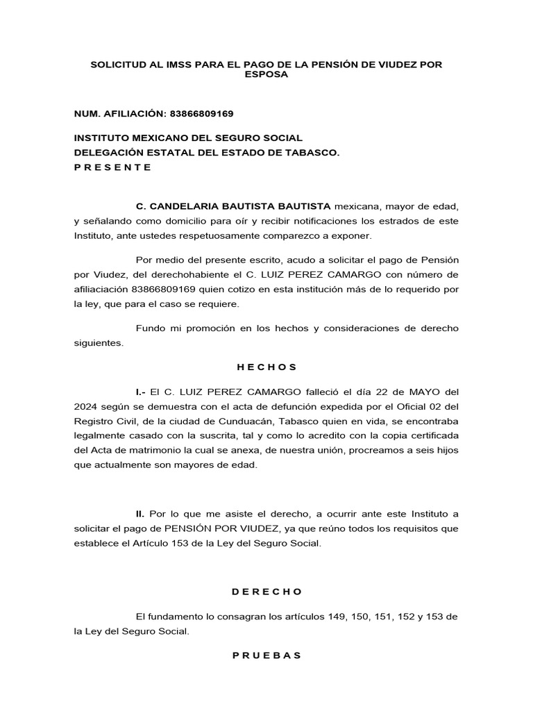 Solicitud de Pensión por Viudez IMSS | PDF | Pensión | Instituciones ...
