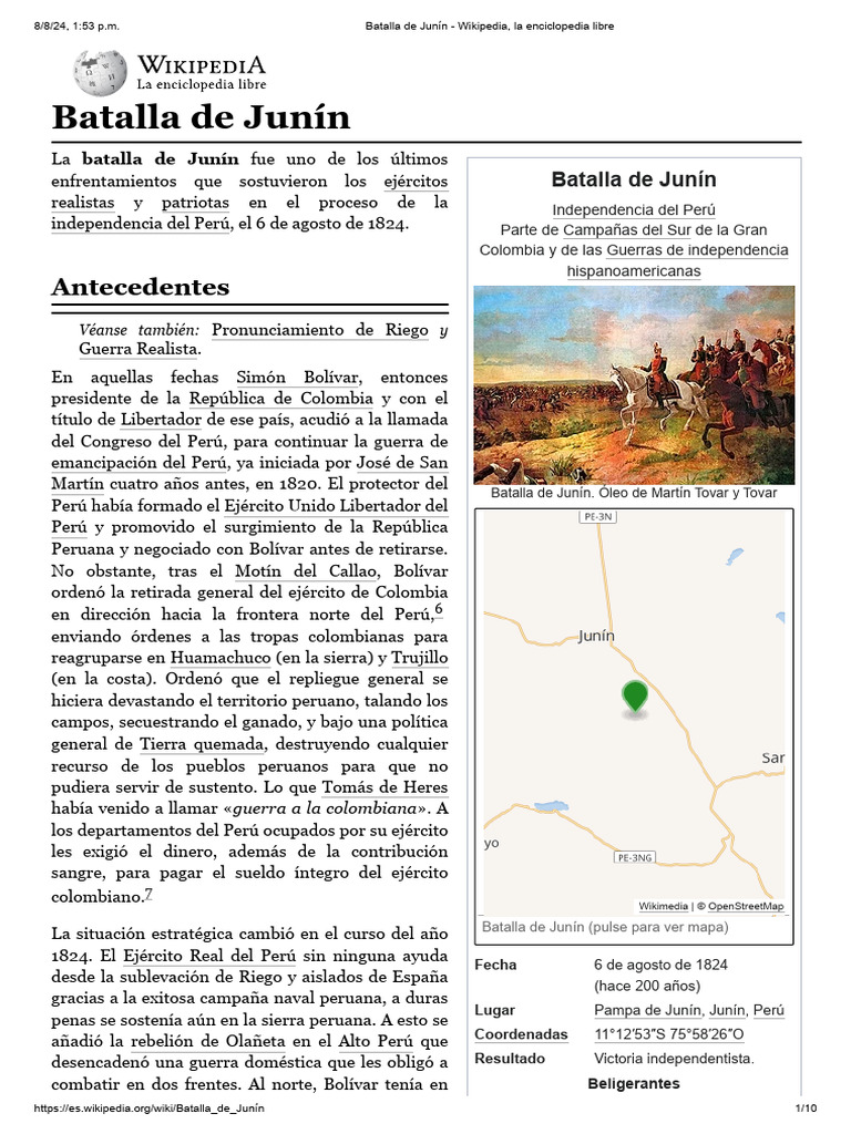 Batalla de Junín - Wikipedia, La Enciclopedia Libre | PDF | Militar | Perú