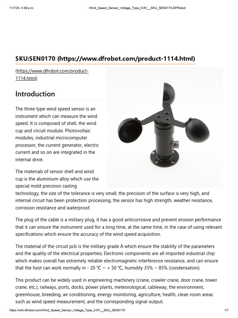 Wind Speed Sensor Voltage Type 0-5V SKU SEN0170-DFRobot | PDF | Sensor ...