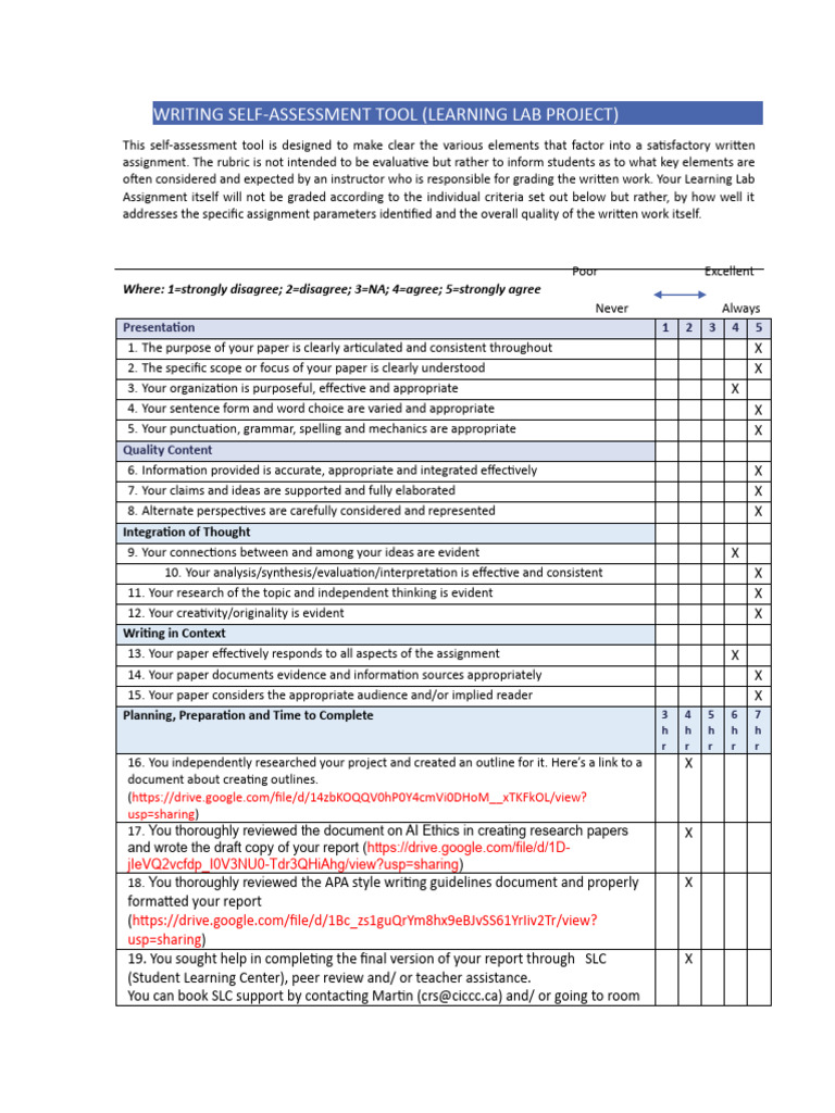 Writing Self Assessment Tool Learning Lab Assignments | PDF | Learning ... Writing Self Assessment Tool Learning Lab Assignments | PDF | Learning ...