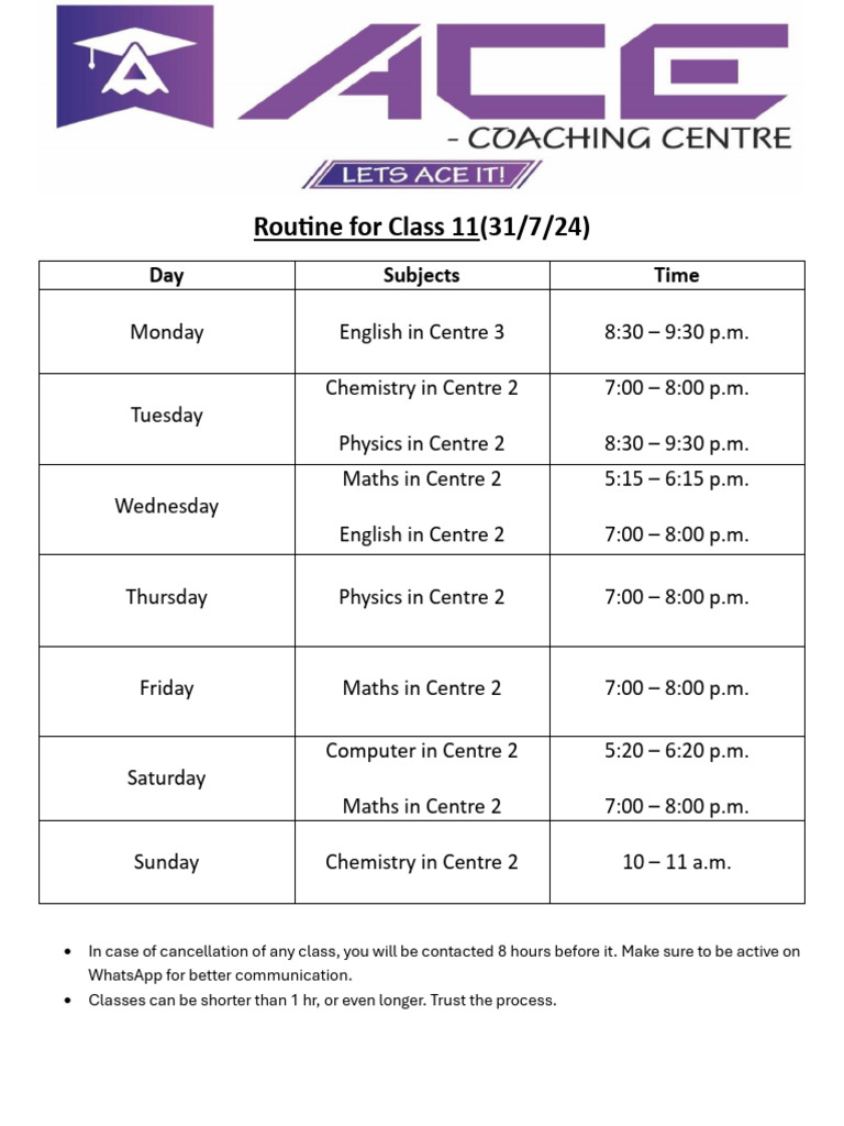 Routine For Class 11 (31/7/24) : Day Subjects Time | PDF