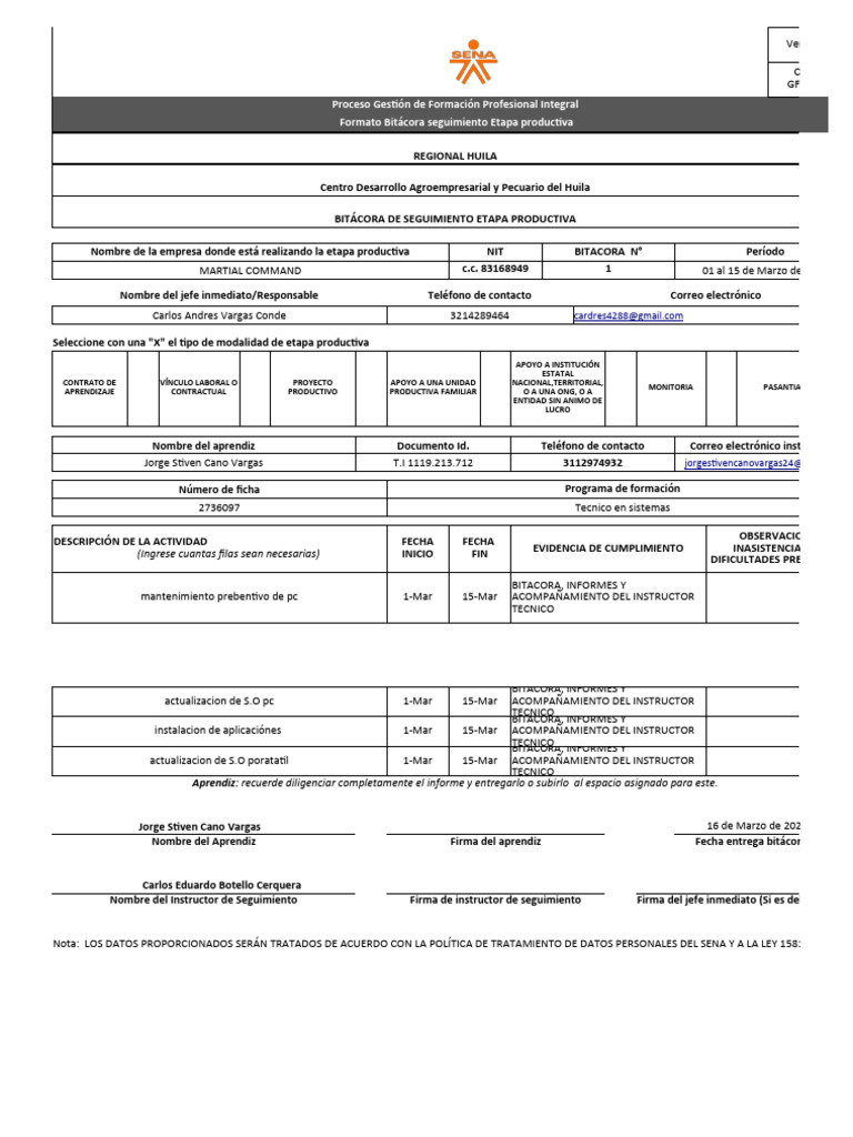 Formato de Bitacora Jorge Stiven Cano Vargas | PDF | Blog | Organización no gubernamental