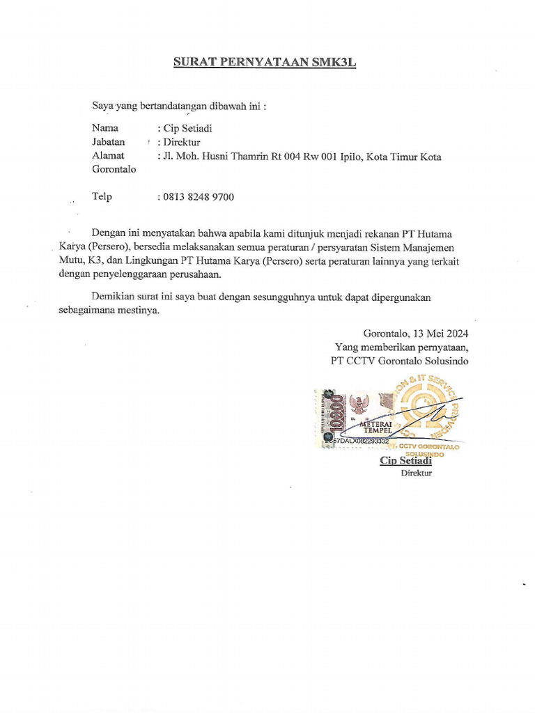 Surat Pernyataan SMK3L | PDF