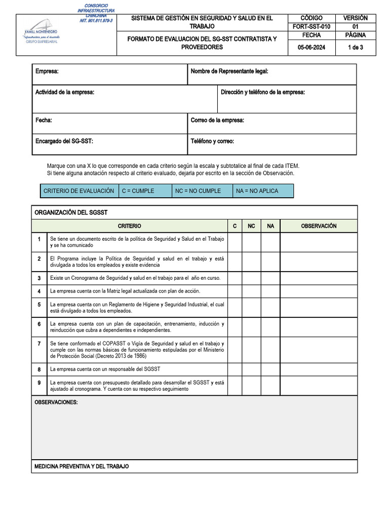 Fort 010-Formato de Evaluacion Del SG-SST Contratista y Proveedores | PDF | Business