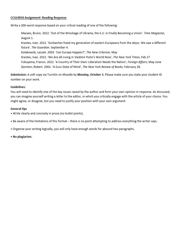 CCGL9050 Reading Response Guidelines | PDF