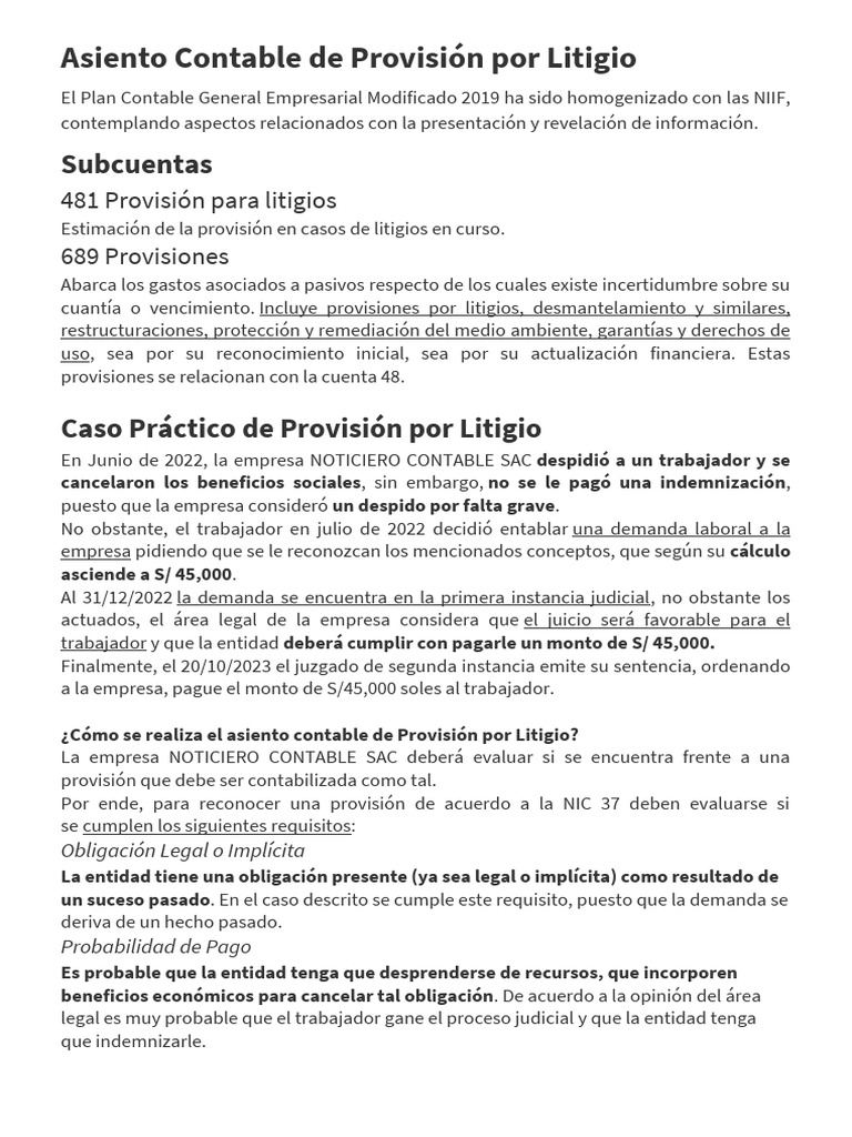 Asiento Contable Provision Por Litigio | PDF | Contabilidad