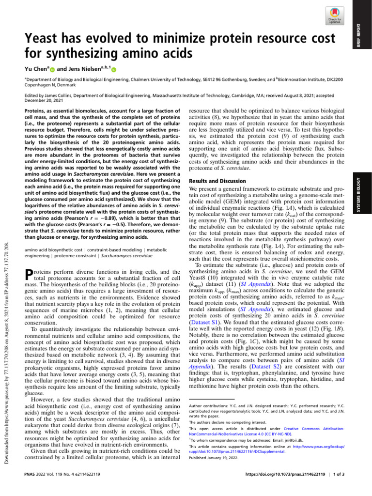 Chen Nielsen 2022 Yeast Has Evolved To Minimize Protein Resource Cost For Synthesizing Amino ...